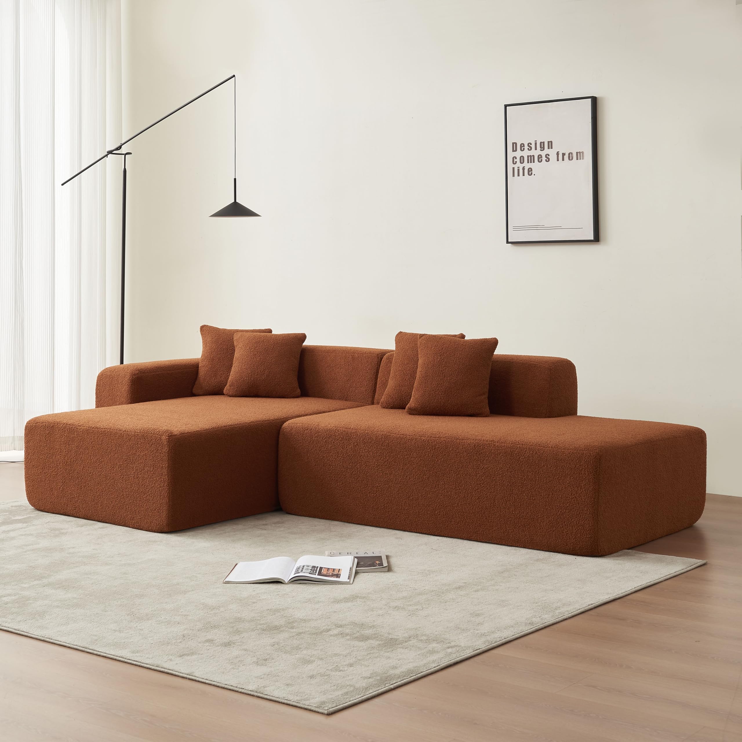 Pamag pieeoo Modular Sectional Sofa Couch for Living Room, Lambswool Fabric Modern L-Shape Sectional Sofa with Right Chaise Lounge, Living Room Upholstered 5-Seater Corner Sofa Couch (Orange)