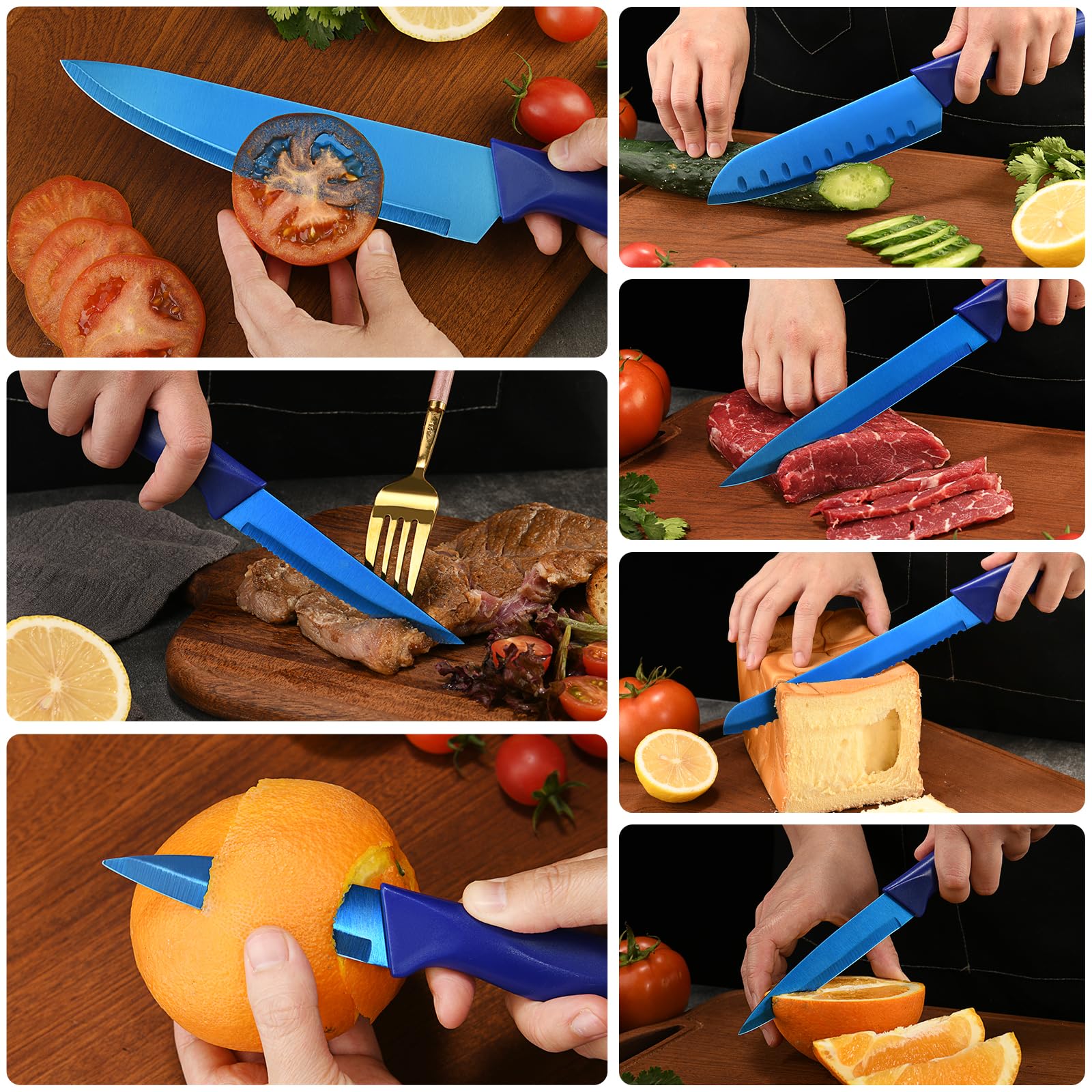 LIFVCNT 7 PCS Kitchen Knife Set, Chef Knife Set with 7 Sheathes, Small Stainless Steel Kitchen Knives Sets, Blue Sharp Cooking Cutting Knife Set with Covers without Block for Kitchen