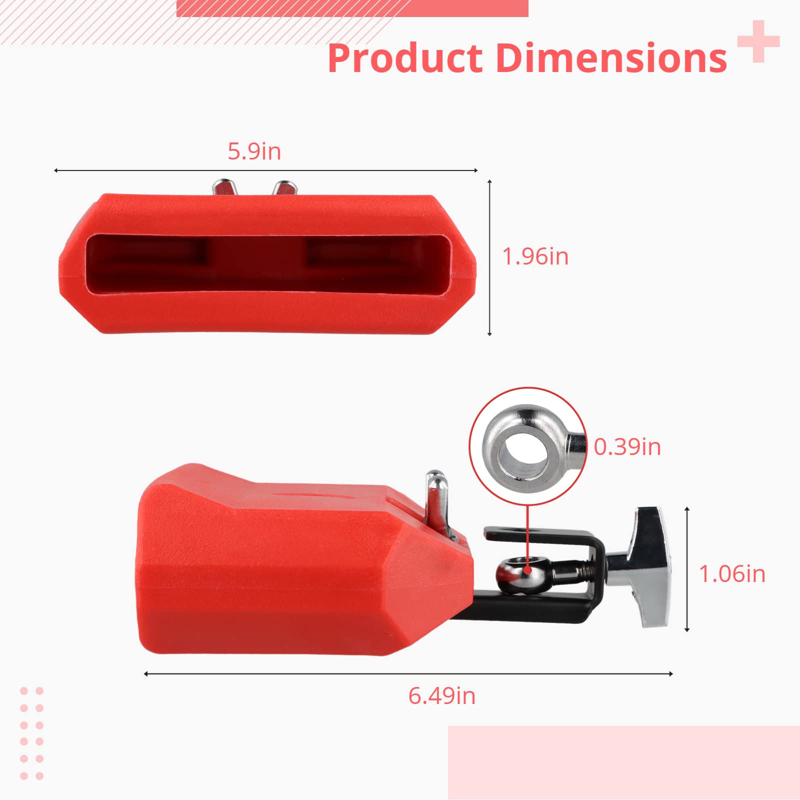 Jam Block, Plastic Cowbell Jam Drum Block with a Drumstick, Musical Percussion Block with Adjustable Mounting Bracket, Latin Drum Instrument, Red