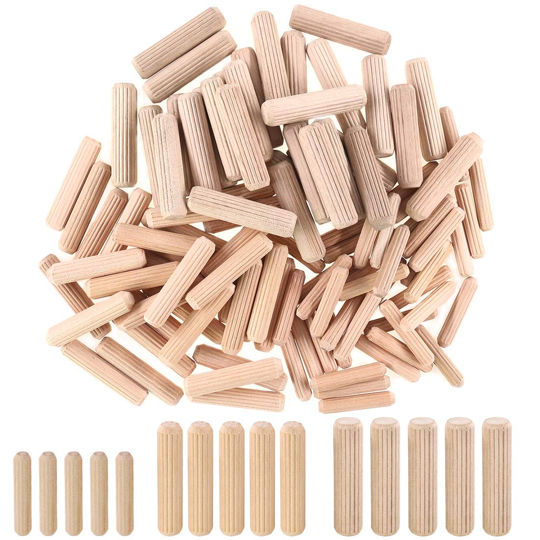 Hilitchi 900Pcs 6mm 8mm 10mm L Fluted Wood Dowel Pins & 1/4β 5/16β 3/8" L Fluted Wood Dowel Pins