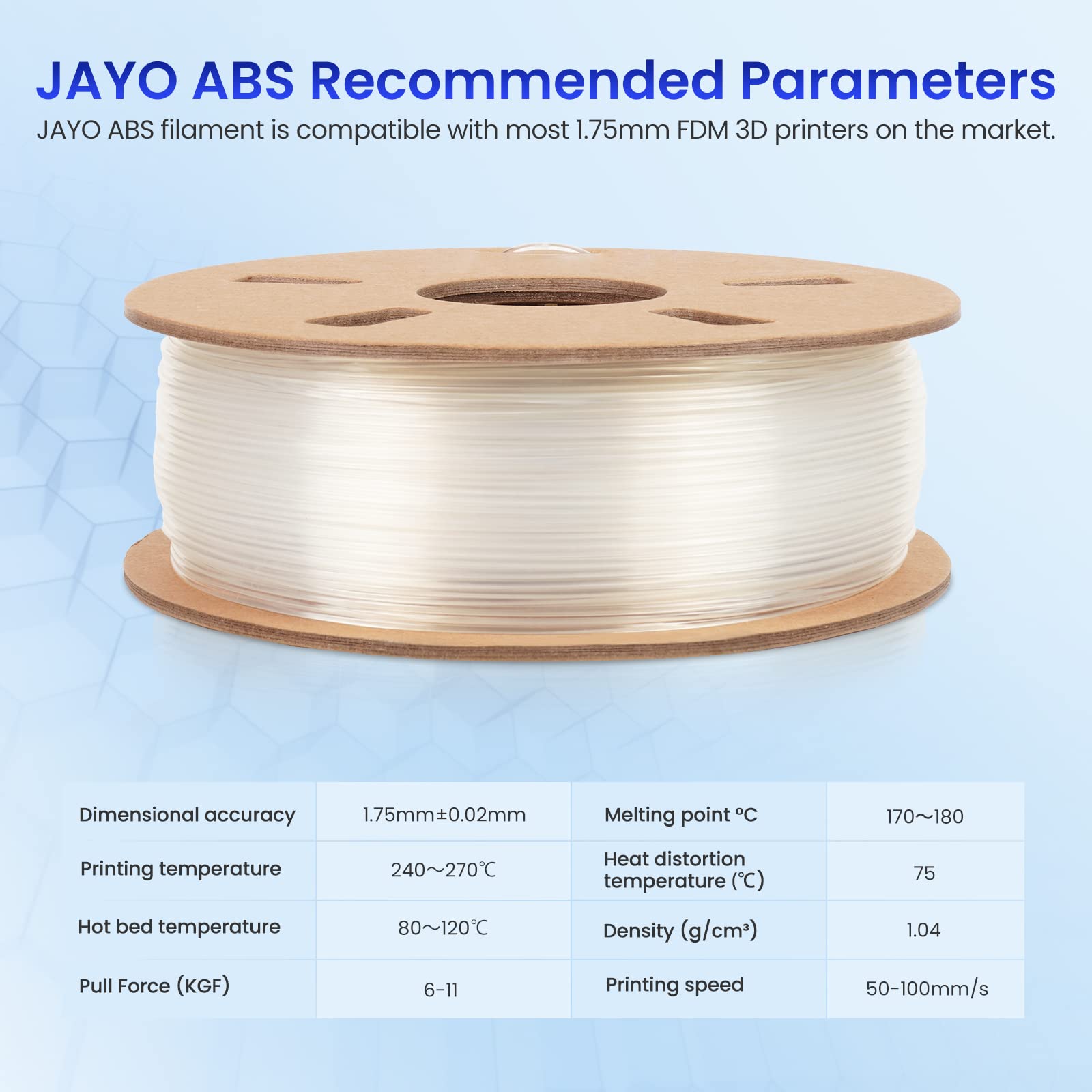 JAYO ABS 3D Printer Filament, Impact and Heat Resistant ABS Filament 1.75mm Dimensional Accuracy +/- 0.02mm, 0.65KG Cardboard Spool 3D Printing Material Fits FDM Printers, ABS Transparent 650G