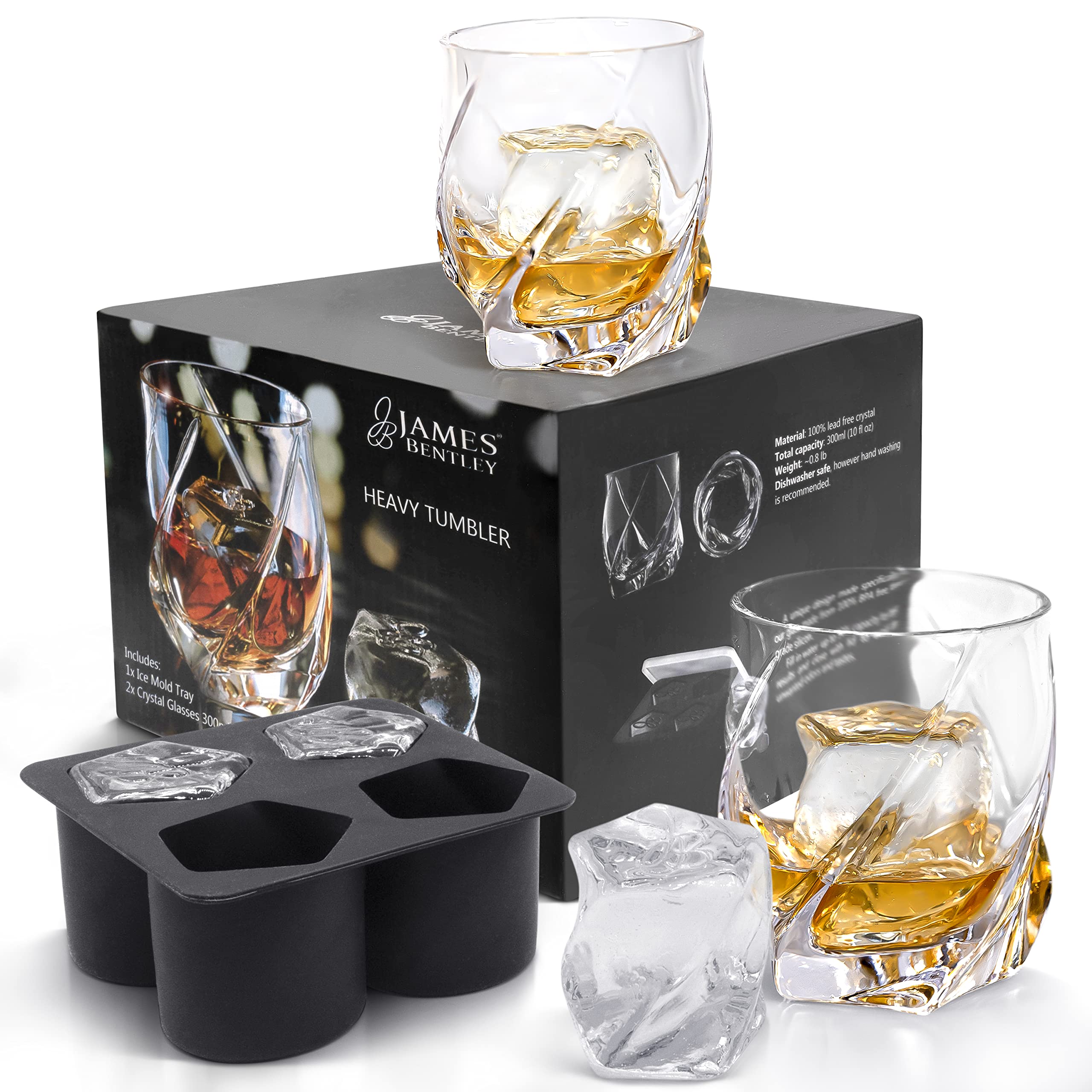 JAMES BENTLEY Glass Vride Heavy Tumbler ā Elevate your Drinking Experience with our Whiskey Set of 2 Hand Blown, Double Wall Glass Tumbler (9.5oz) with Ice Mold Tray - Whiskey Glasses for Men