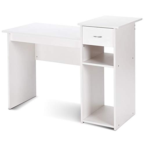 Home Office Bedroom Dorm Living Room Classic Furniture Decor Computer Writing Table Laptop CPU Multifunction Desk with Shelf and Drawer Sturdy White Wood Large Capacity Storage Easy Assembly
