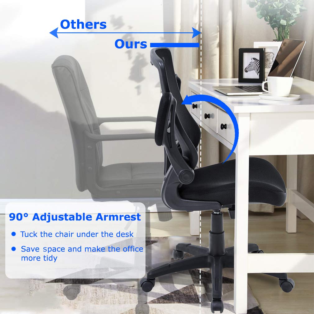 Home Office Chair Desk Chair Mesh Computer Chair with Lumbar Support Flip Up Arms Modern Task Chair Adjustable Swivel Rolling Executive Mid Back Ergonomic Chair for Adults, Black