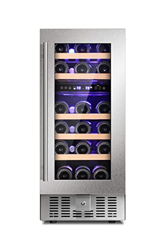 Joy Pebble Wine Cooler 28 Bottle Dual Zone Built-in Wine Cellar with Stainless Steel & Double-Layer Tempered Glass Door and Temperature Memory Function