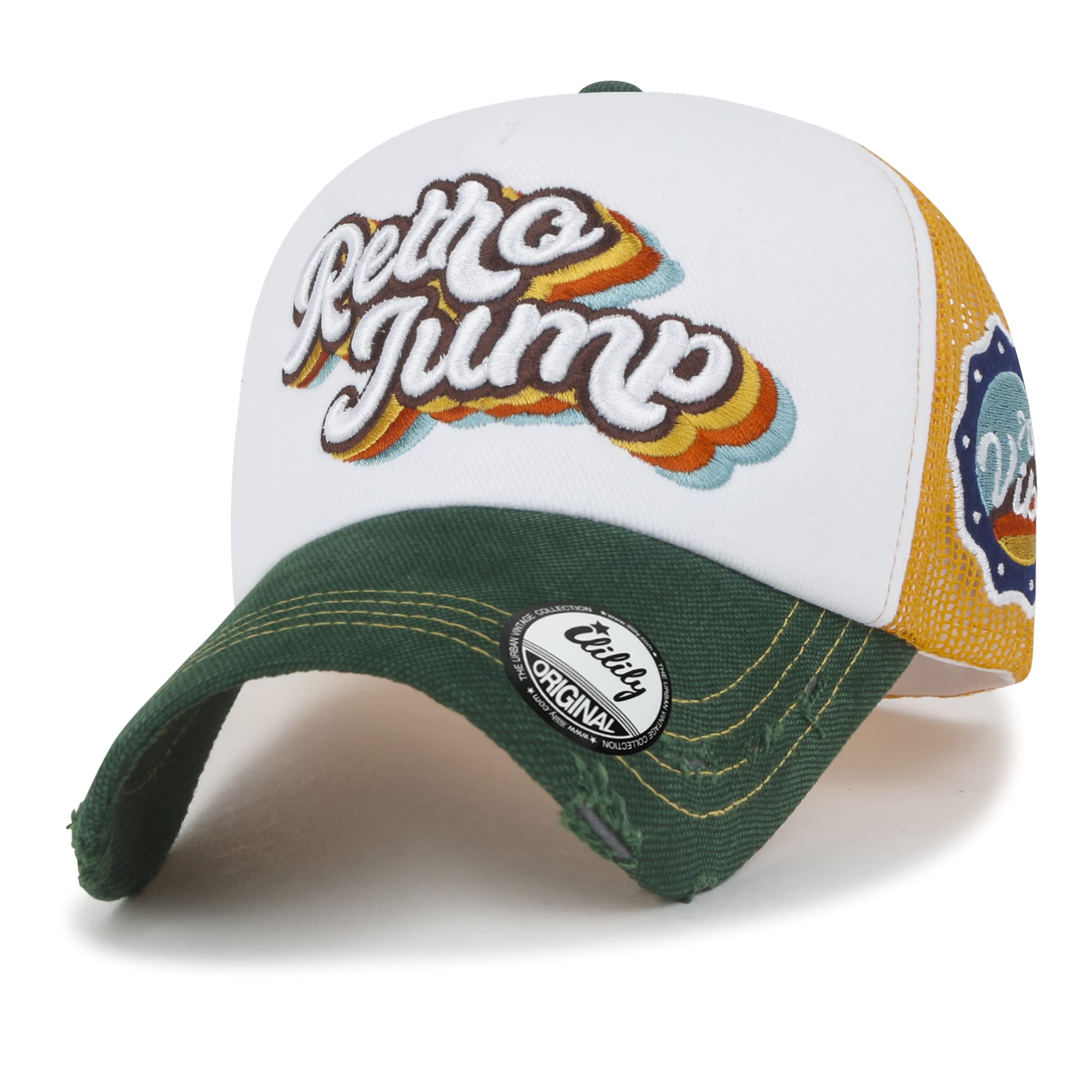 ililily Retro Embroidery Baseball Cap Vintage Distressed Cotton Trucker Hat (Medium, Green - Jump)