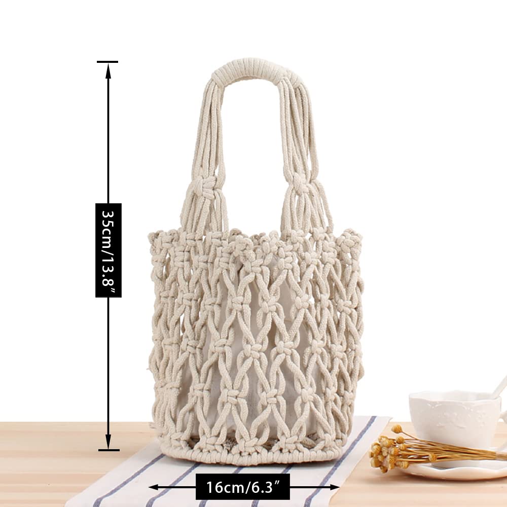 JBRUN Women's Bucket Drawstring Handbag Fishing Net Shoulder Bag Straw Weave Handbag Summer Beach Bags Hobo Bag (A-White)