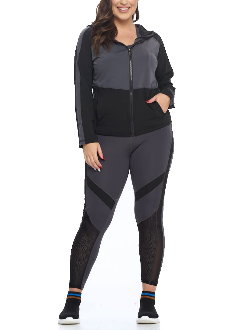 Jvini Women's 3 Piece Tracksuit Set - Full Zip Raglan Sleeve Hoodie Sweatshirt - Racerback Tank & Mesh Leggings Grey/Black LXL US (8-12)