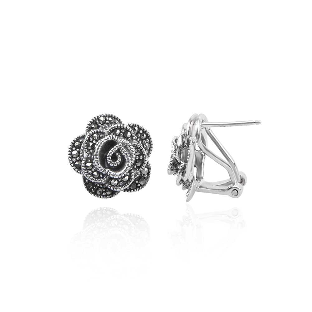JadeAngel Marcasite Earrings, 925 Sterling Silver Rose Earrings for Women Vintage Marcasite Jewelry Flower Stud Earrings with Omega Back