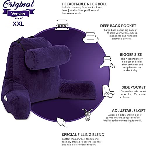 Husband Pillow Combo - Backrest Pillow with Arms : XXL Purple & Lap Desk Bed Tray : Grey - Memory Foam Reading Pillows for Bed w/Removable Neck Roll & Laptop Bed Tray Table