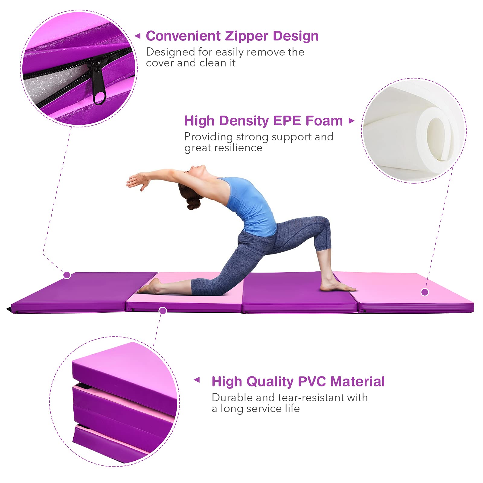 Giantex 4' x 8' x 2" Folding Gymnastics Mat, Gym Exercise Pad with Carrying Handles, Hook and Loop Fastener, 4 Panel Tumbling Mat for Yoga, Stretching, Workouts (Pink/Purple)