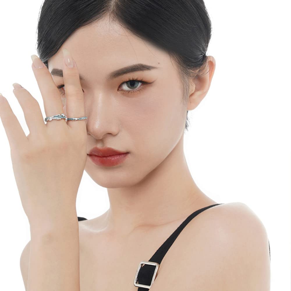 Lake Blue Drop Glaze Tassel 925 Sterling Silver Statement Rings Irregular Adjustable Ring Eternity Band For women Teen Girls Blue