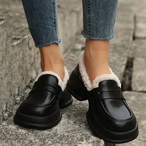 Ladies British Style Solid Color Leather Plush Warm Thick Soled Casual Shoes Mens Slip on Summer Shoes Black
