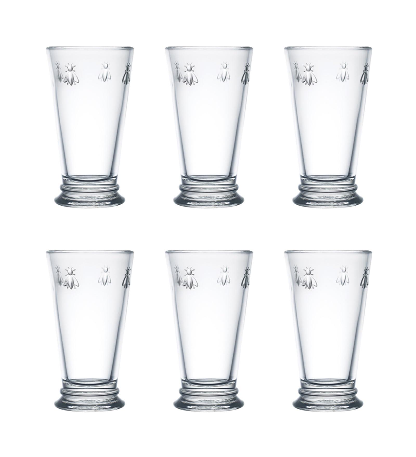 La Rochere, Set of 6, Tall Drinking Glasses (6.3" Tall - High Ball), 15.6 Oz Each, Napoleonic Bee Pattern