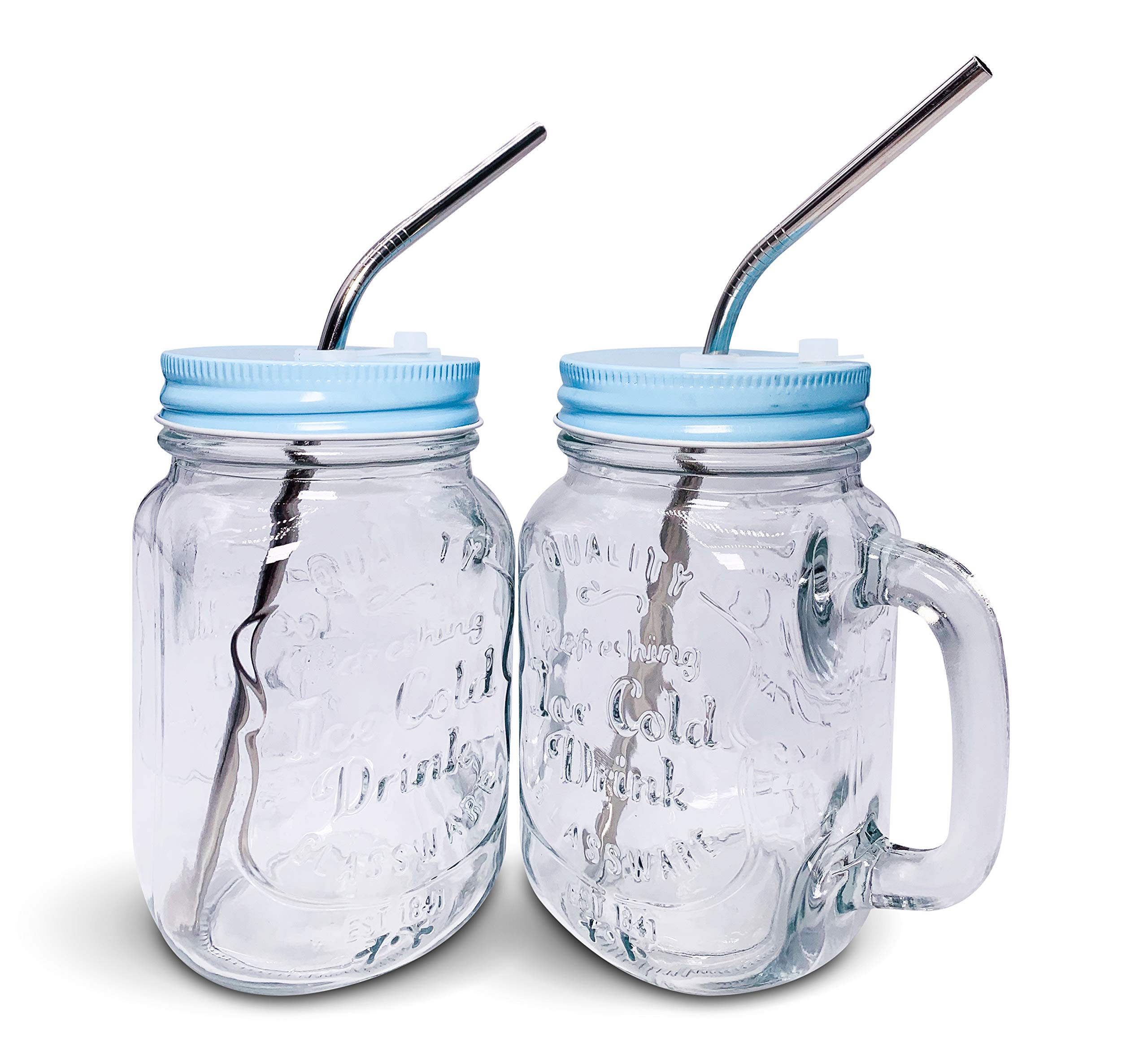 Home Suave Mason Jar Mugs with Handle, Regular Mouth Colorful Lids with 2 Reusable Stainless Steel Straw, Set of 2 (Light Blue), Kitchen GLASS 16 oz Jars,Refreshing Ice Cold Drink & Dishwasher Safe