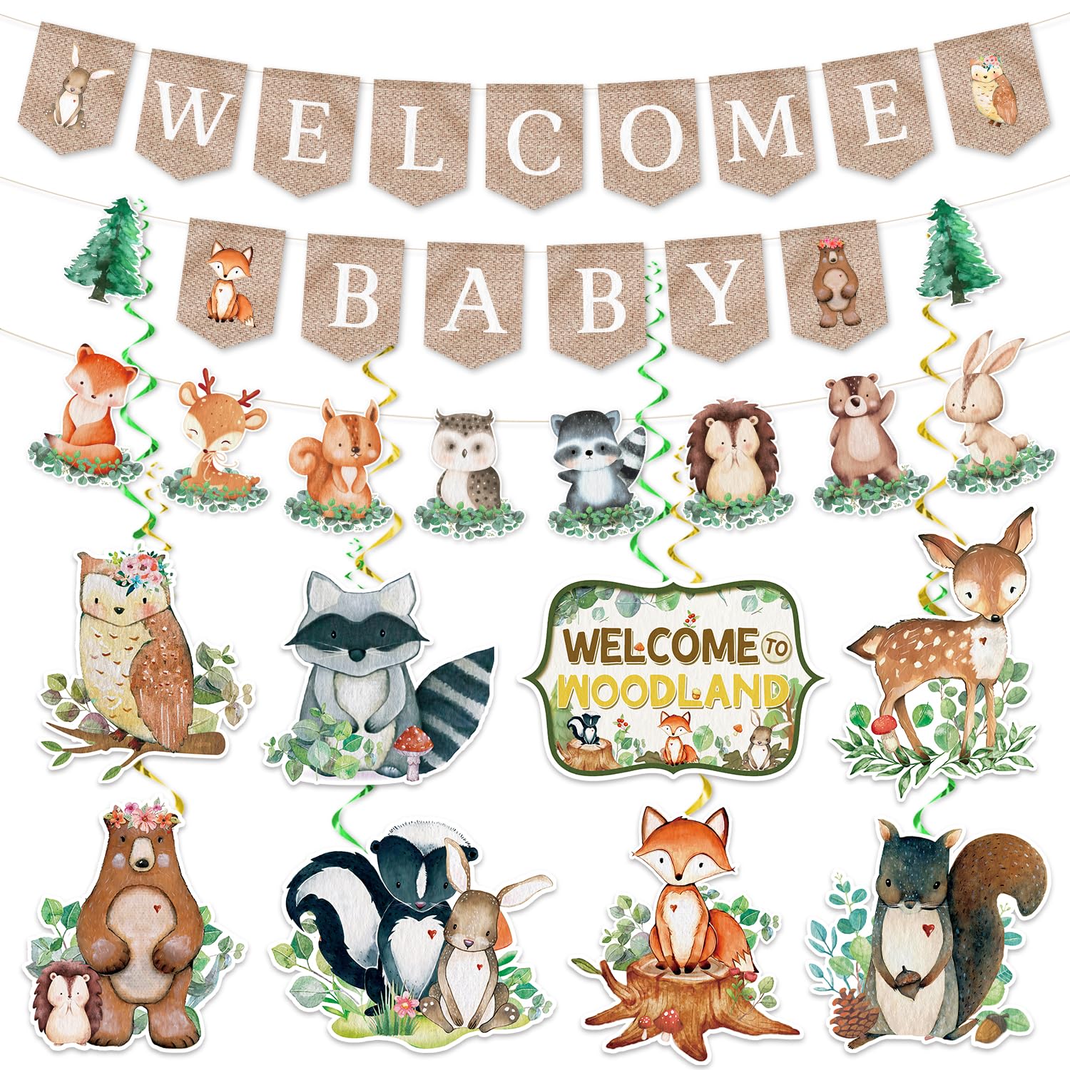 NO-DIY Woodland Baby Shower Decorations, Woodland Animals Baby Shower Decorations Banner Swirls, Woodland Theme Baby Shower Decorations for Girls Boys Woodland Creatures Baby Shower Birthday Party