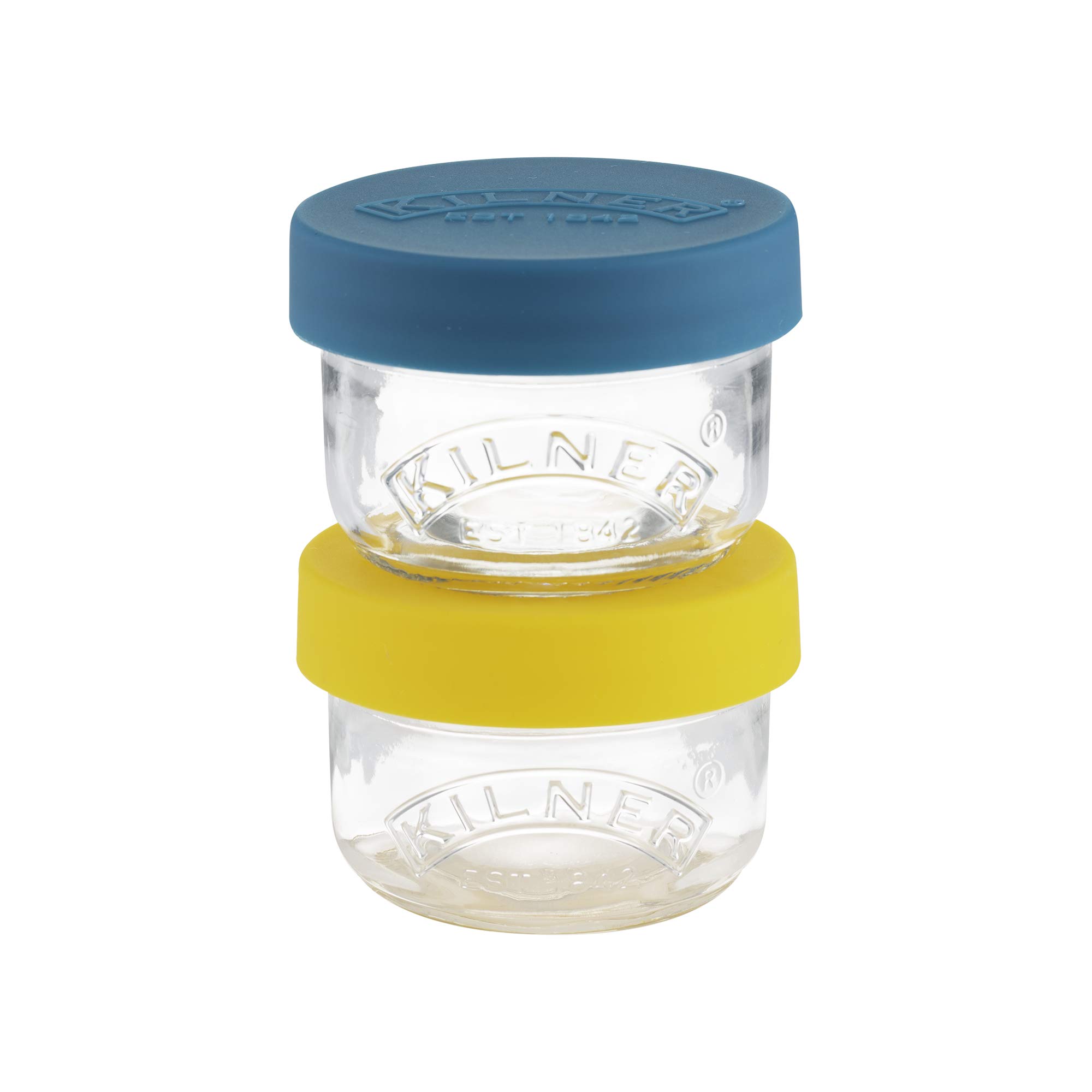 Kilner 0.125L Set of 2 Glass Store Pots 125ml with Push Top Silicone Lids | Perfect for Snacks & Food Storage, Clear, Blue and Yellow