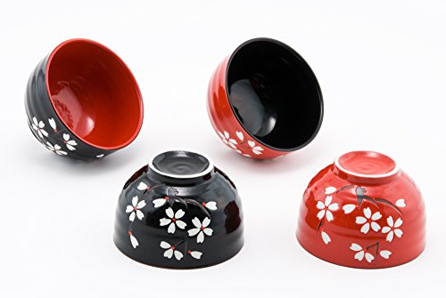 Hinomaru Collection Japanese Traditional Ceramic Rice Bowl Set of 4 Red and Black Cherry Blossom Sakura Decorative Gift Pack Multi Purpose Attractive Design
