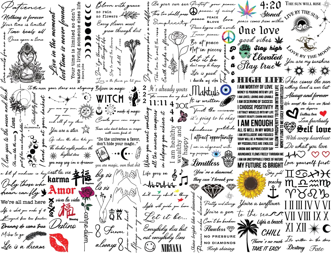 IMPRESSED Realistic Temporary Tattoos β 42 Custom Sheets Tiny Fake Self Care Tattoo β Inspirational Minimalist Affirmation Words and Motivational Quote Permanent Tats for Adult Teens Women Face Body