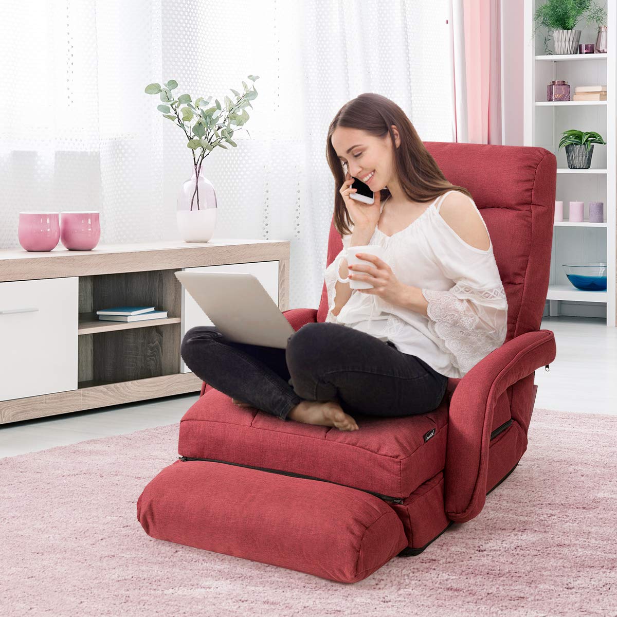 Giantex Folding Lazy Sofa Floor Chair, Indoor Chaise Lounger Bed with 6 Adjustable Position, Pillow, Living Room Lounge Couch(Red)