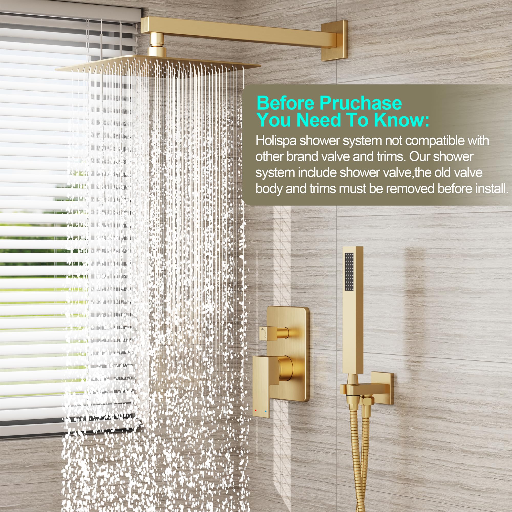 Holispa Gold Shower System, Shower Faucet Set with 10-Inch Rain Shower Head and Handheld, Wall Mounted High Pressure Shower Head Set, Shower Combo Set with Shower Valve and Shower Trim, Brushed Gold