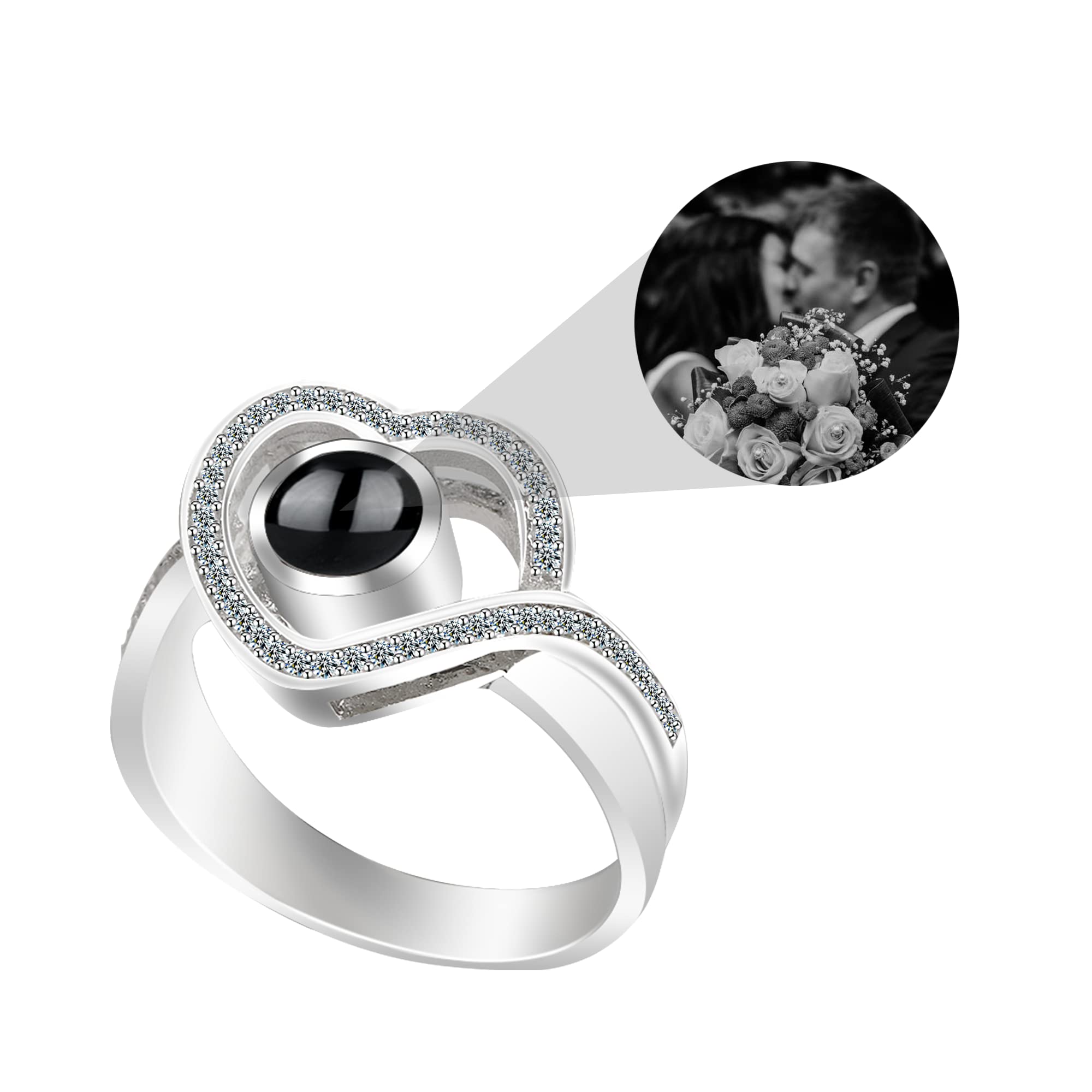 kindsnice Custom Photo Ring Personalized Projection Ring 925 Sterling Silver Heart Shaped Ring with Picture Inside I Love You 100 Language Heart Ring Wedding Band Engagement Ring for Women Mother