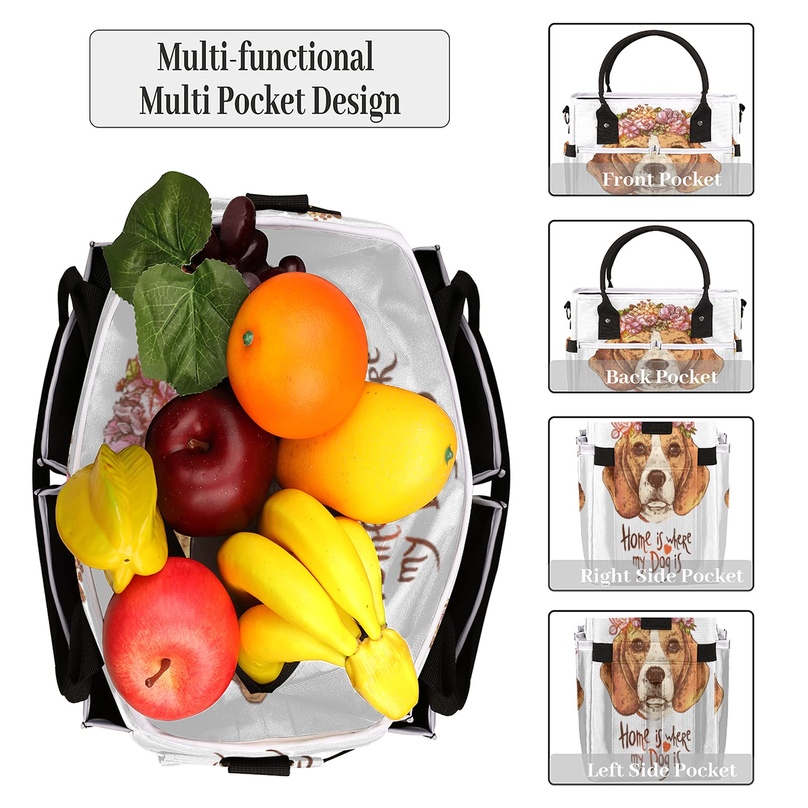 Insulated Lunch Bag for Women, Beagle Dog Home Leakproof Lunch Tote Bag Reusable Large Lunch Box Thermal Cooler Lunch Bags with Shoulder Strap, Side Pockets, Water Bottle Holder