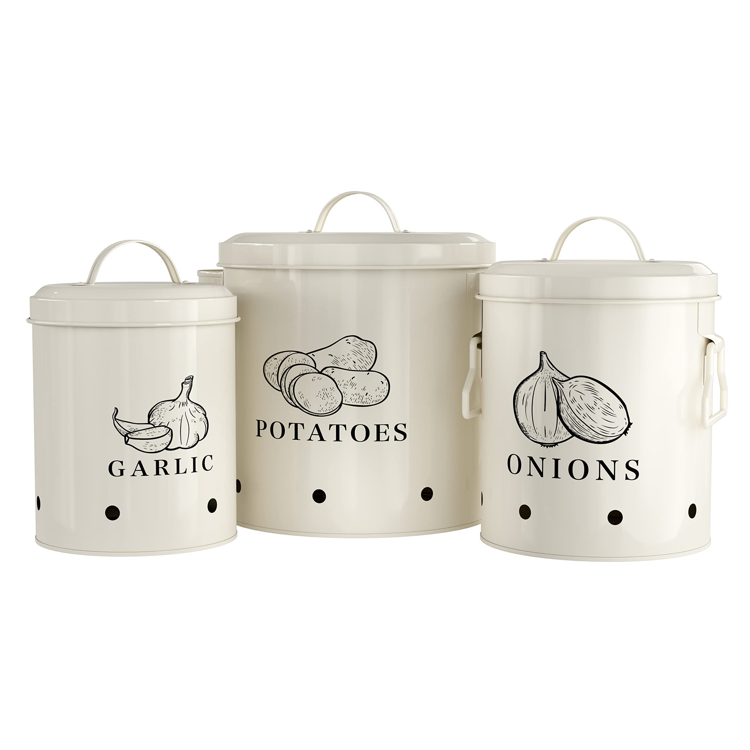 KooK Potato, Onion & Garlic Kitchen Storage Canisters, Rustic Farmhouse Containers with Aerating Holes, Vintage Vegetable Tins, Set of 3, 5 Liter, 2 Liter & 1 Liter (Coconut Cream)