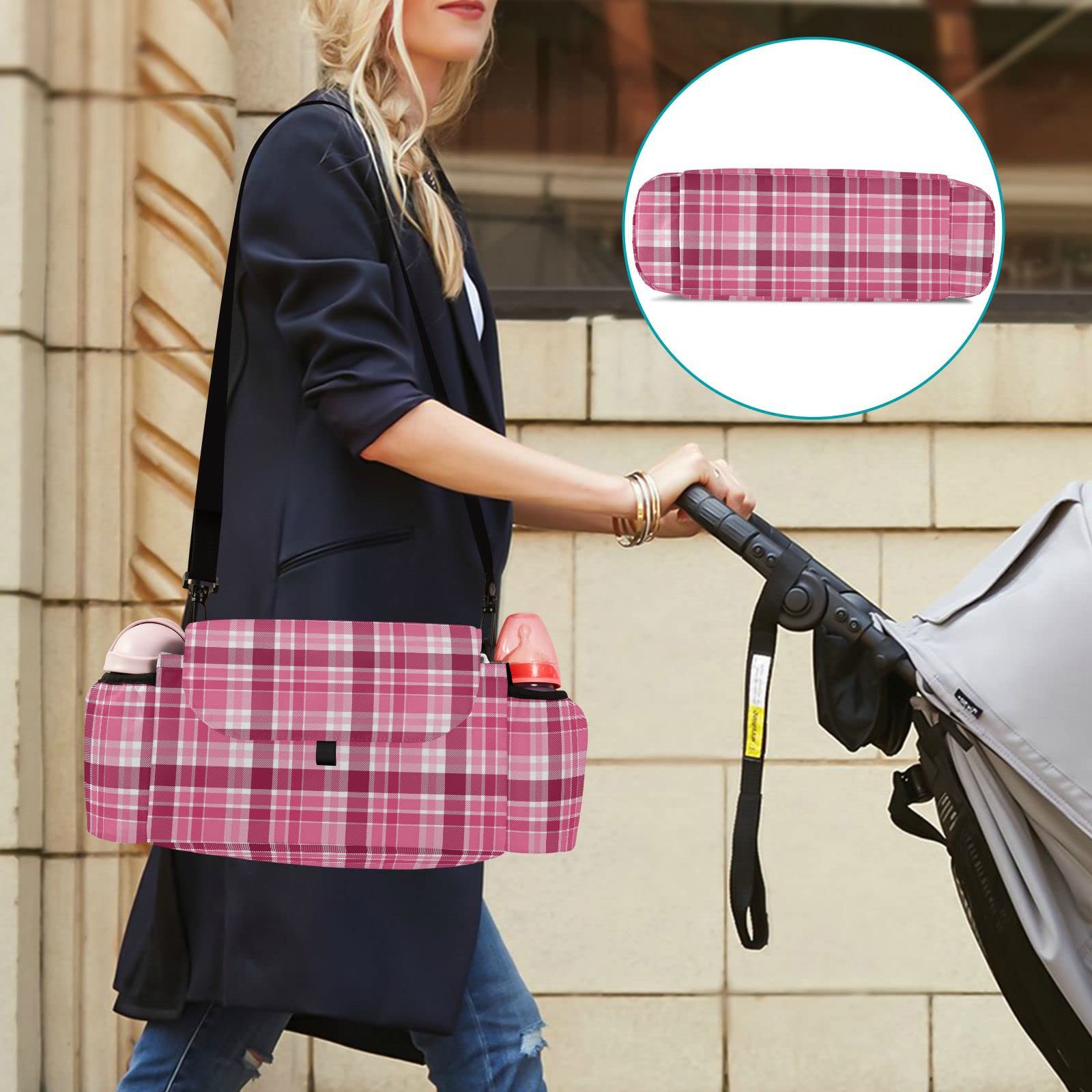 Kigai Pink Buffalo Plaid Baby Stroller Organizer with Cup Holders, Secure Hooks Accessories Adjustable Strap Stroller Bag for Bottle, Diaper, Phone, Toys, Baby Items