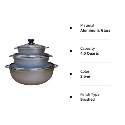 IMUSA USA Traditional Colombian Natural Caldero Glass Lid & Steam Vent 3-Piece (1.4/3.4/6.6) Quart, Silver (Dutch Oven Set)