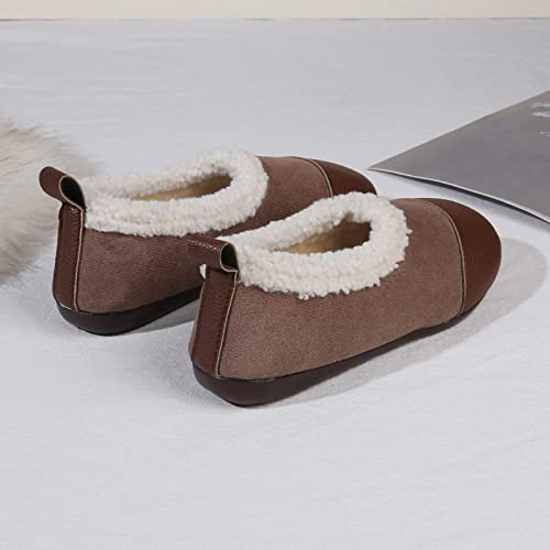Ladies Fashion Solid Color Suede Leather Panel Warm Plush Flat Sole Casual Shoes Men Shoes Casual Sandals Brown