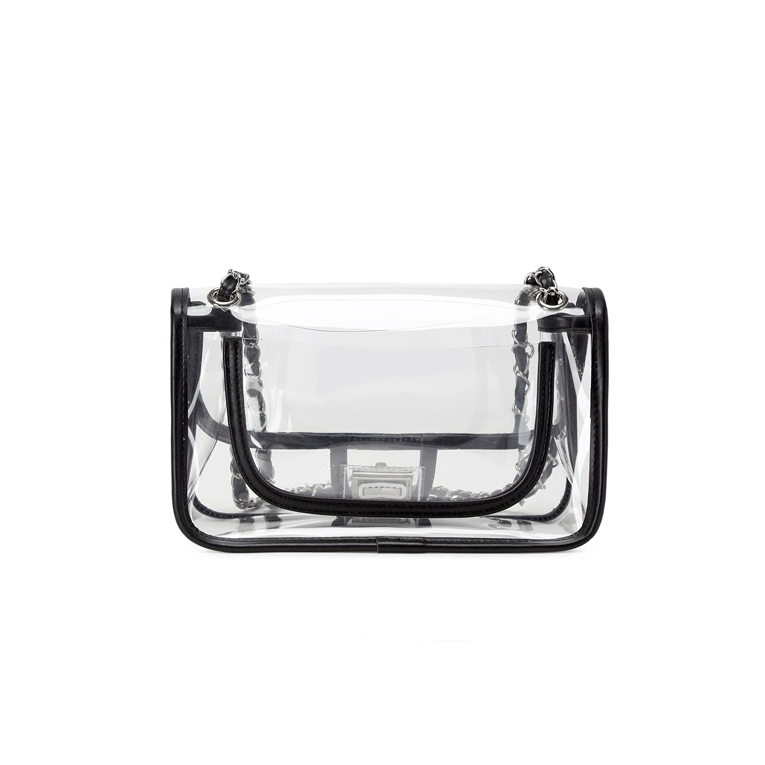 LAM GALLERY Womens PVC Clear Purse Handbag with Chain Stadium Approved Clear Bag See Through Bag for Working and Concert (Black Gold Large)