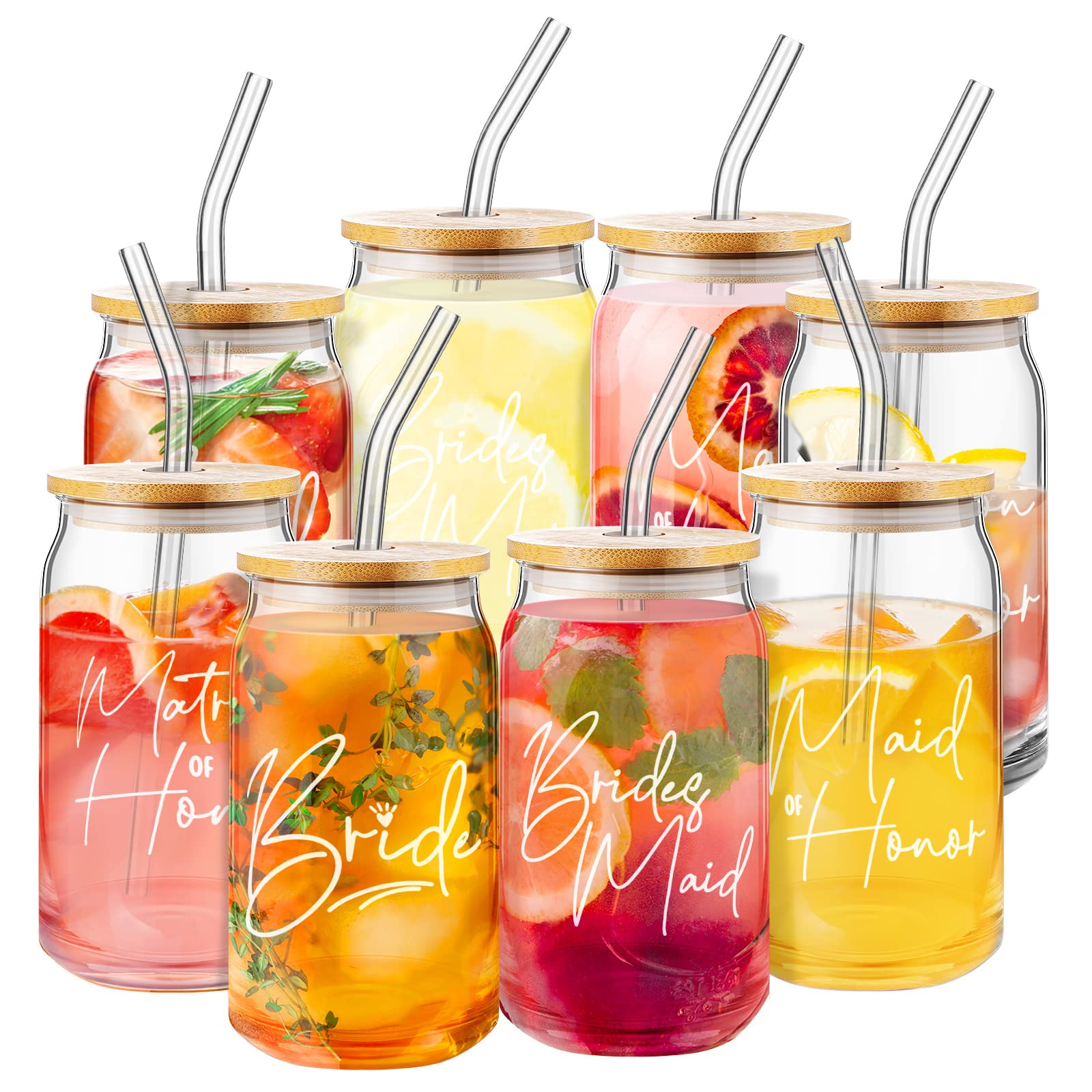 Inbagi 8 Pcs Bridesmaid Gifts Iced Coffee Cup with Bamboo Lids and Glass Straw 16 oz Mason Jar Cups Bride Can Shaped Drinking Glasses Cute Tumbler Cup Bridal Shower, Bachelorette Party Supplies