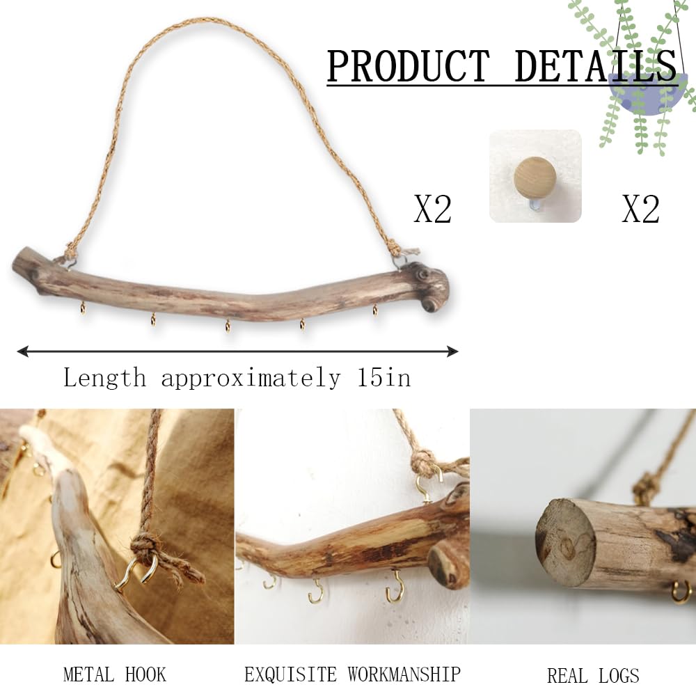 Qenk 2Pcs 15 Inch Natural Driftwood Decorative Branches Farmhouse Home Wall Hanging Decor Hanging Jewelry Organizers with 5 Hooks