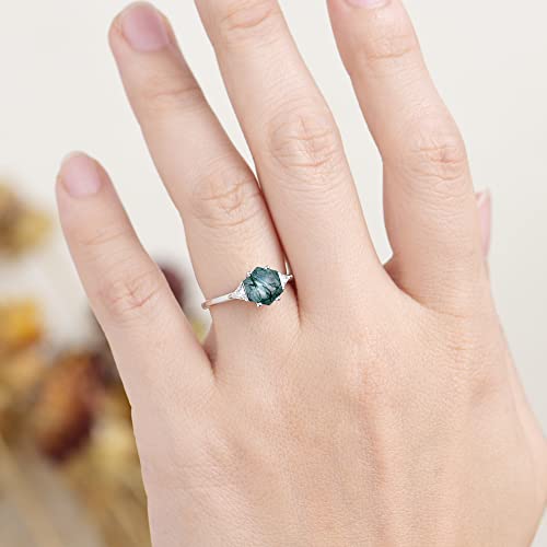 ITI KUOLOLIT 1.5ct Natural Moss Agate Ring Sterling Silver Hexagon Shaped Engagement Ring Green Agate Promise Wedding Rings for Women (Moss agate-White, 7)