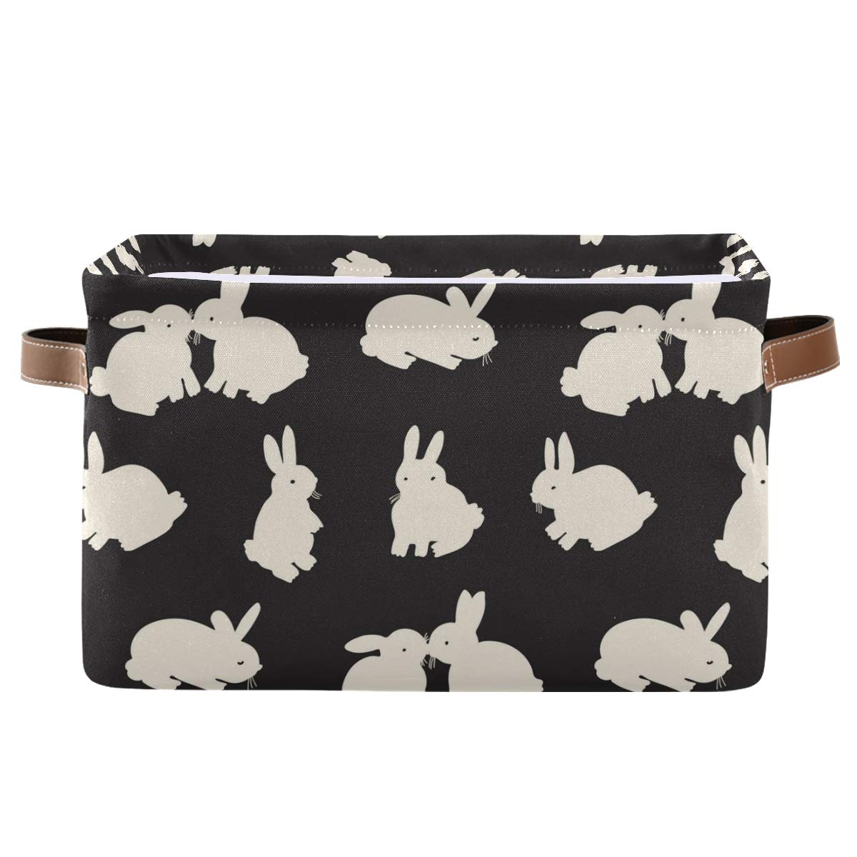 HMZXZ Cute Rabbit Bunny Canvas Fabric Storage Basket Collapsible Toys Storage Bin with PU Leather Handles Basket Box Organizer for Wardrobe Closet Shelves Organiser