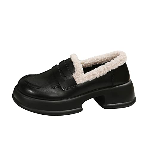 Ladies British Style Solid Color Leather Plush Warm Thick Soled Casual Shoes Mens Slip on Summer Shoes Black
