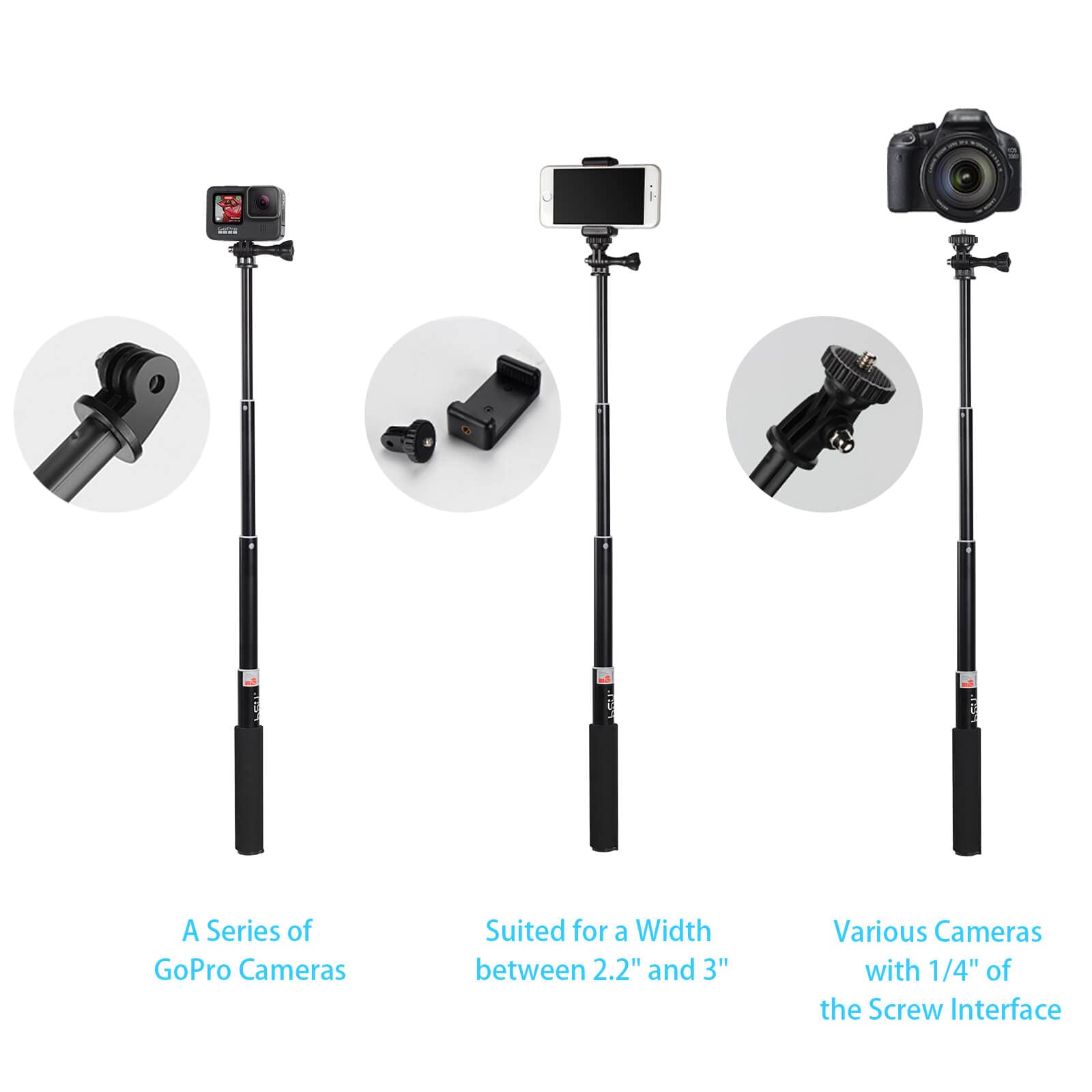 HSU Extendable Selfie Stick, Waterproof Hand Grip for GoPro Hero 12/11/10/9/8/7/6/5/4, Handheld Monopod Compatible with Cell Phones, AKASO Campark Insta360 X3 and Other Action Cameras