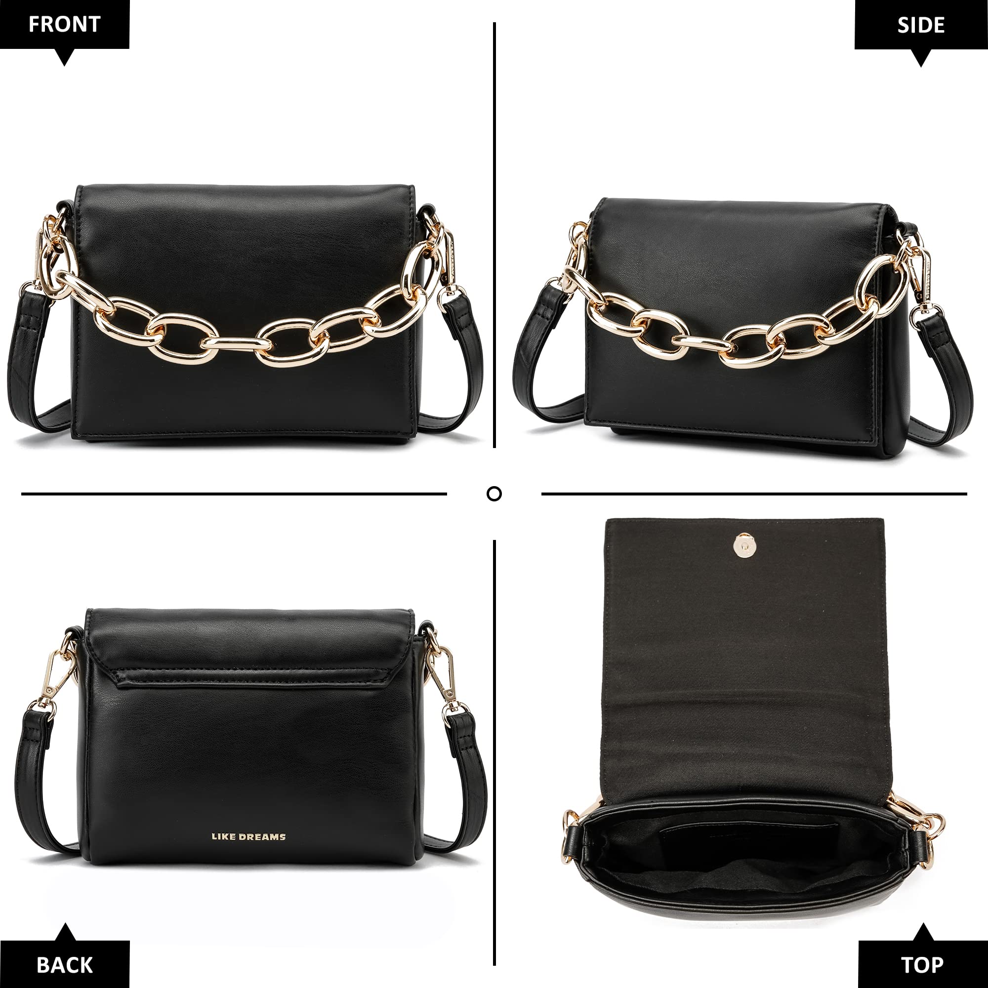 Like Dreams Womens Soft Vegan Leather Crossbody Bag Oversized Gold Chain Detachable Strap Small Hobo Handbag (Black)