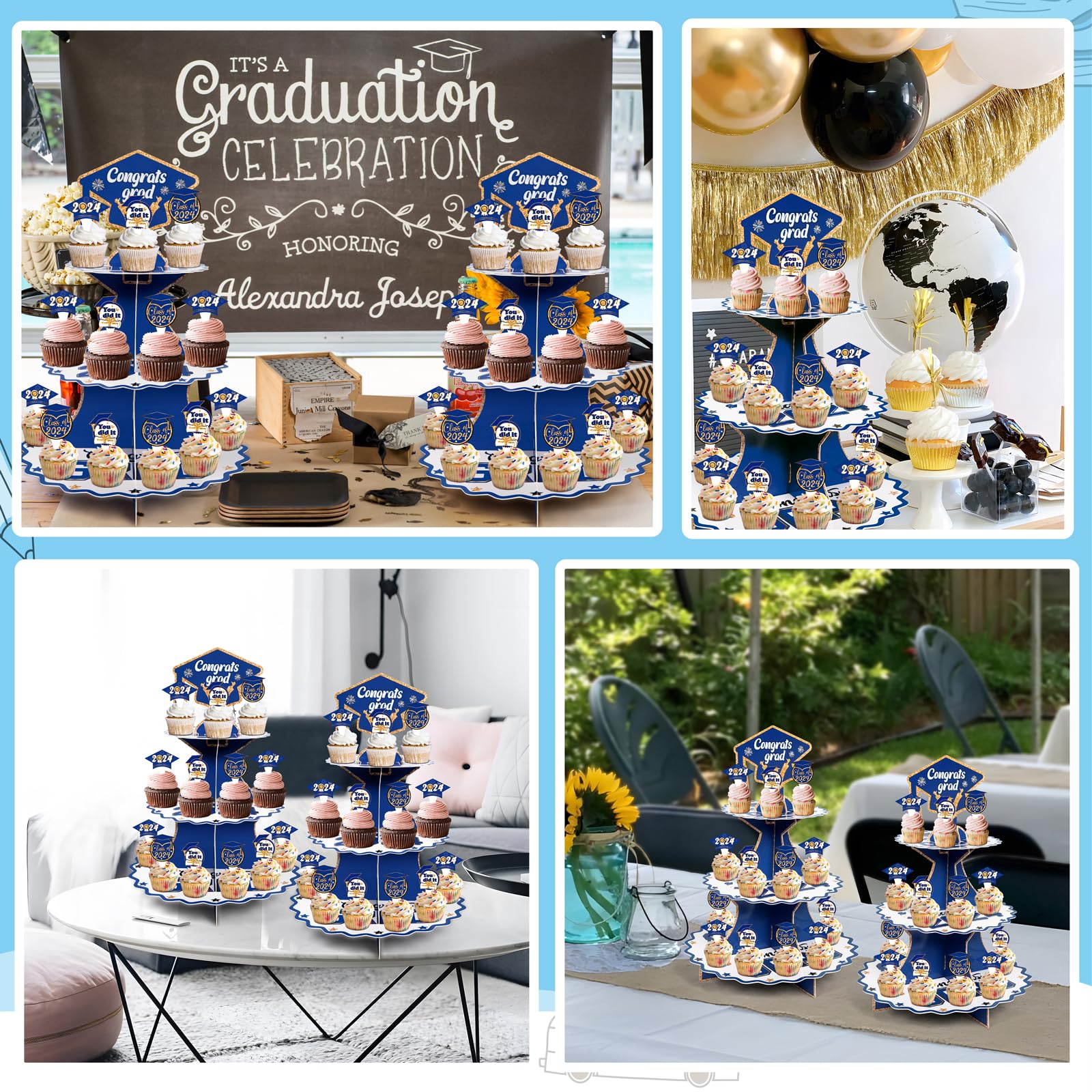 jollylife 2 Set Graduation Decorations Class of 2024 Blue and Gold Cupcake Stand,3-Tier Cardboard Congrats Grad Tower Plus 24 Cake Toppers Party Supplies Decor(Assembly Needed)