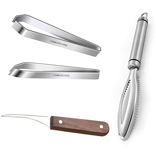 Home·FSN Fish Scaler Remover with Bone Tweezer and Shrimp Deveiner Tool, 4 Pieces Stainless Steel Kitchen Tool