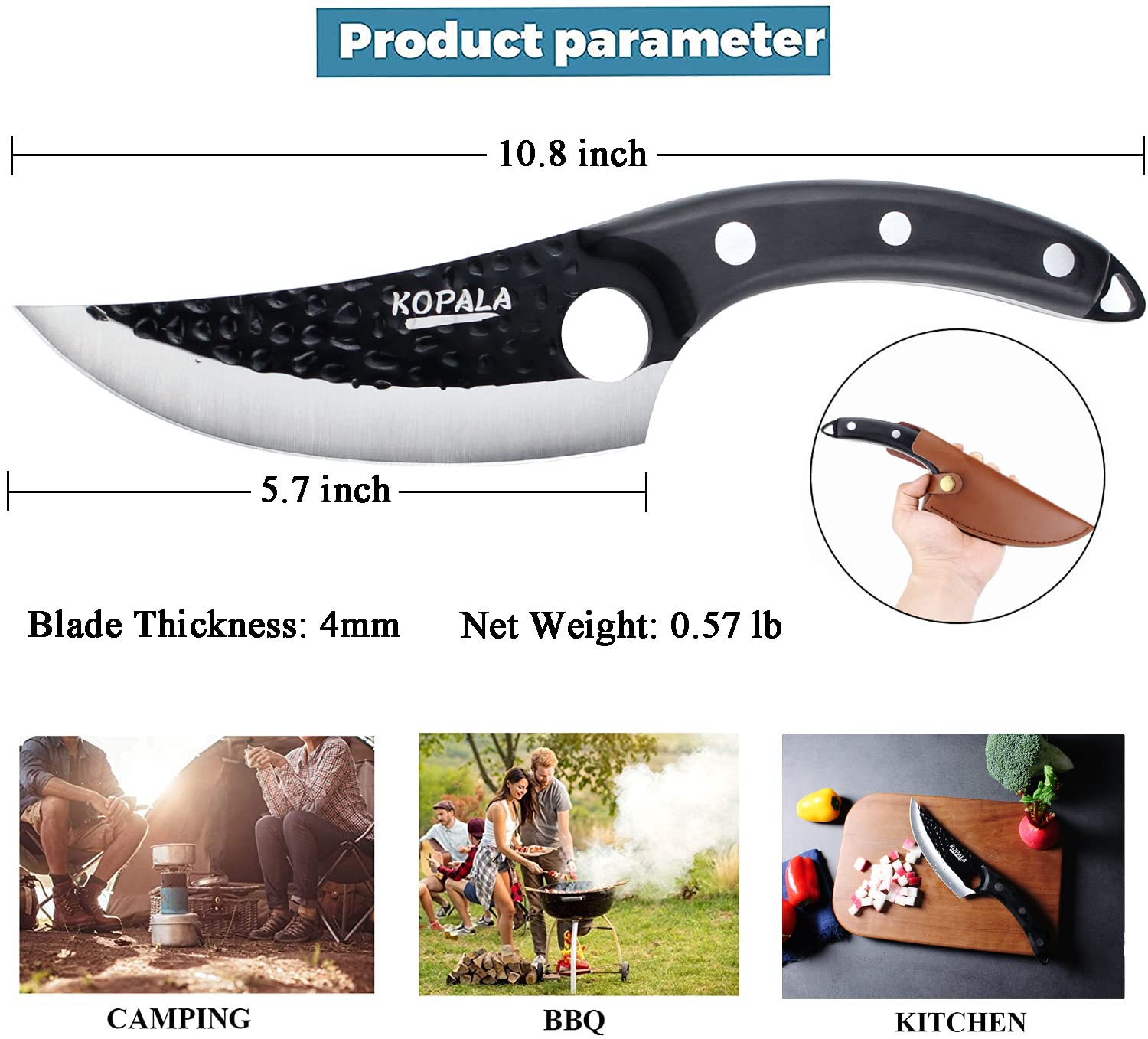 KOPALA Kitchen Knife Multi-purpose Boning Knives for Cooking, BBQ, Camping, Grill, Carbon Steel Chef Knife with Leather Sheath