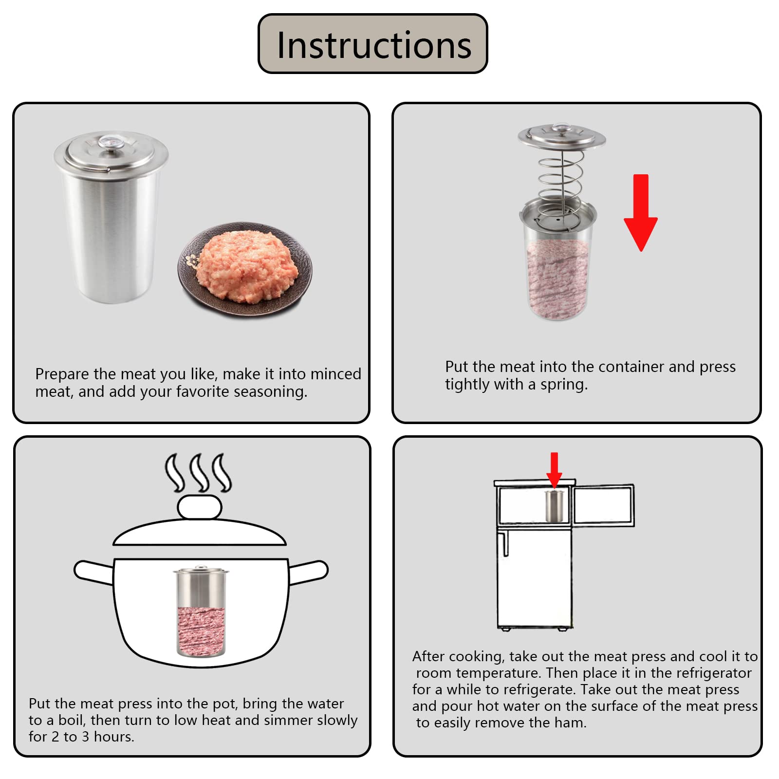 JDOQOKJ Ham Maker Stainless Steel Meat Press with Thermometer ,and 5 Pack ziplocks, For Making Deli Meat, Homemade Lunch Meat. Meat Press Mold for Deli Meats.