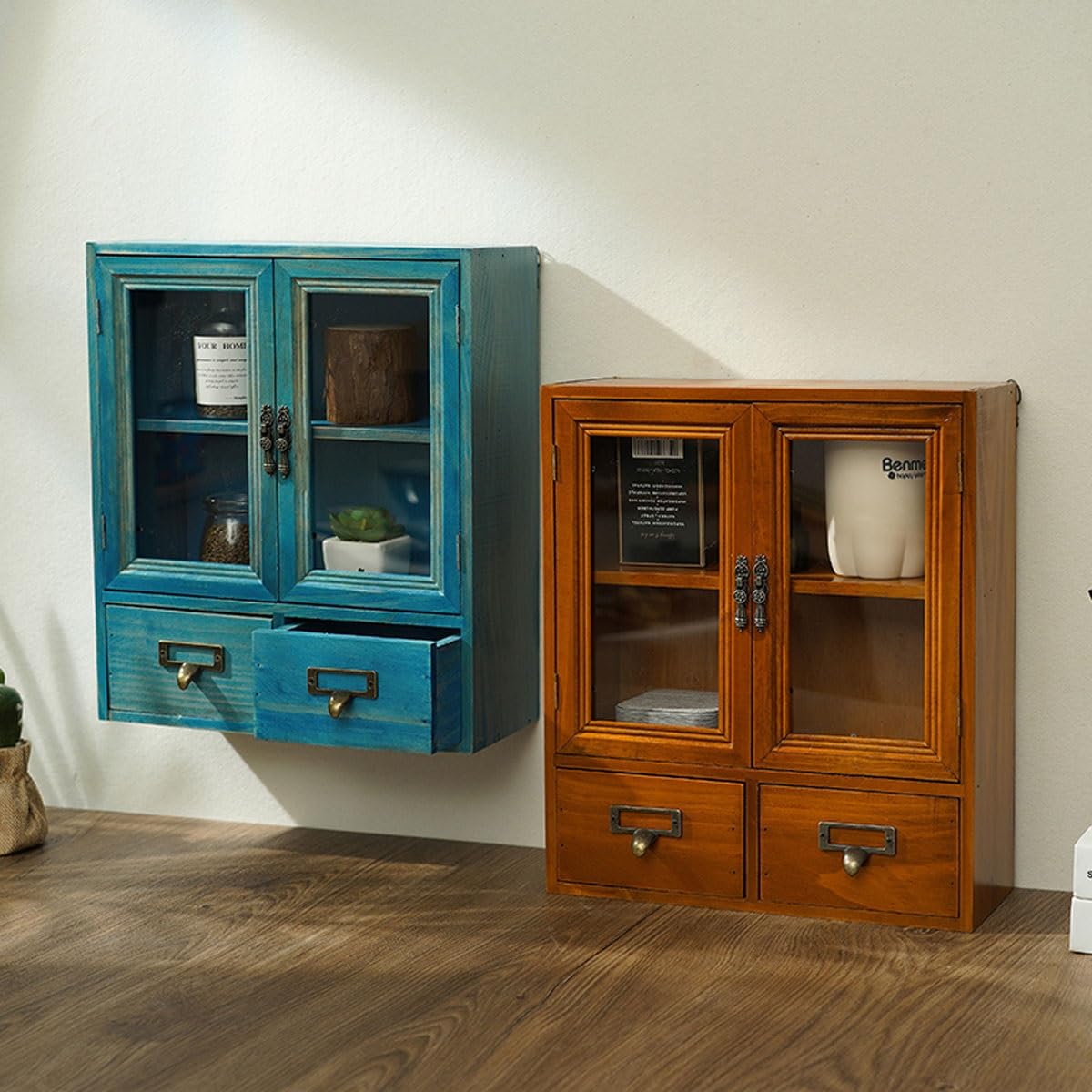 QHYFFS Solid Wood Counter Top Cabinet,Medicine Cabinet,Display Case with Glass Door,Kitchen Cabinets with Drawers,Desktop Cosmetic Storage Box Spice Cabinet,Apothecary Cabinet(Natural)