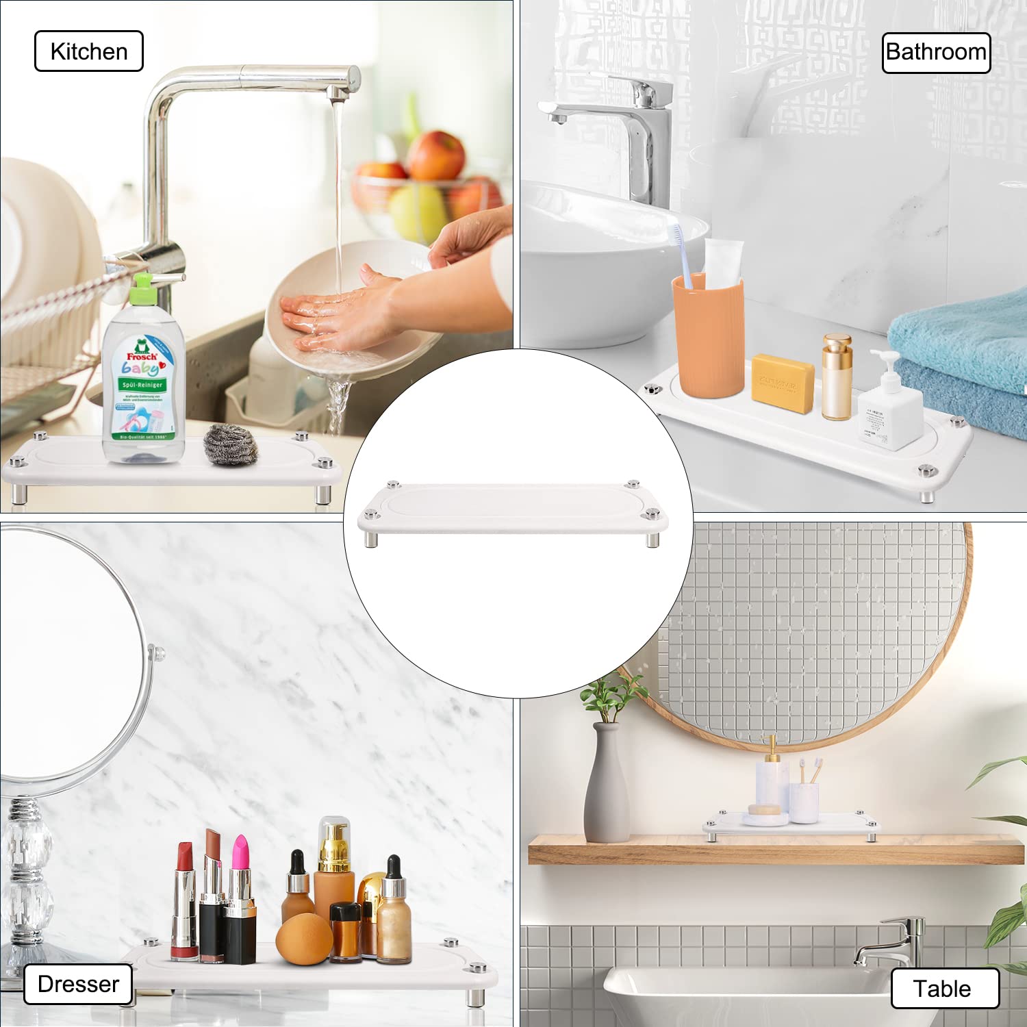Instant Dry Sink Organizer 2PCS, Sponge Holder Fast Drying Stone, Natural Diatomite Material, Soap Holder with Rustproof Stainless Feet, Sink Caddy for Kitchen Bathroom Counter, White
