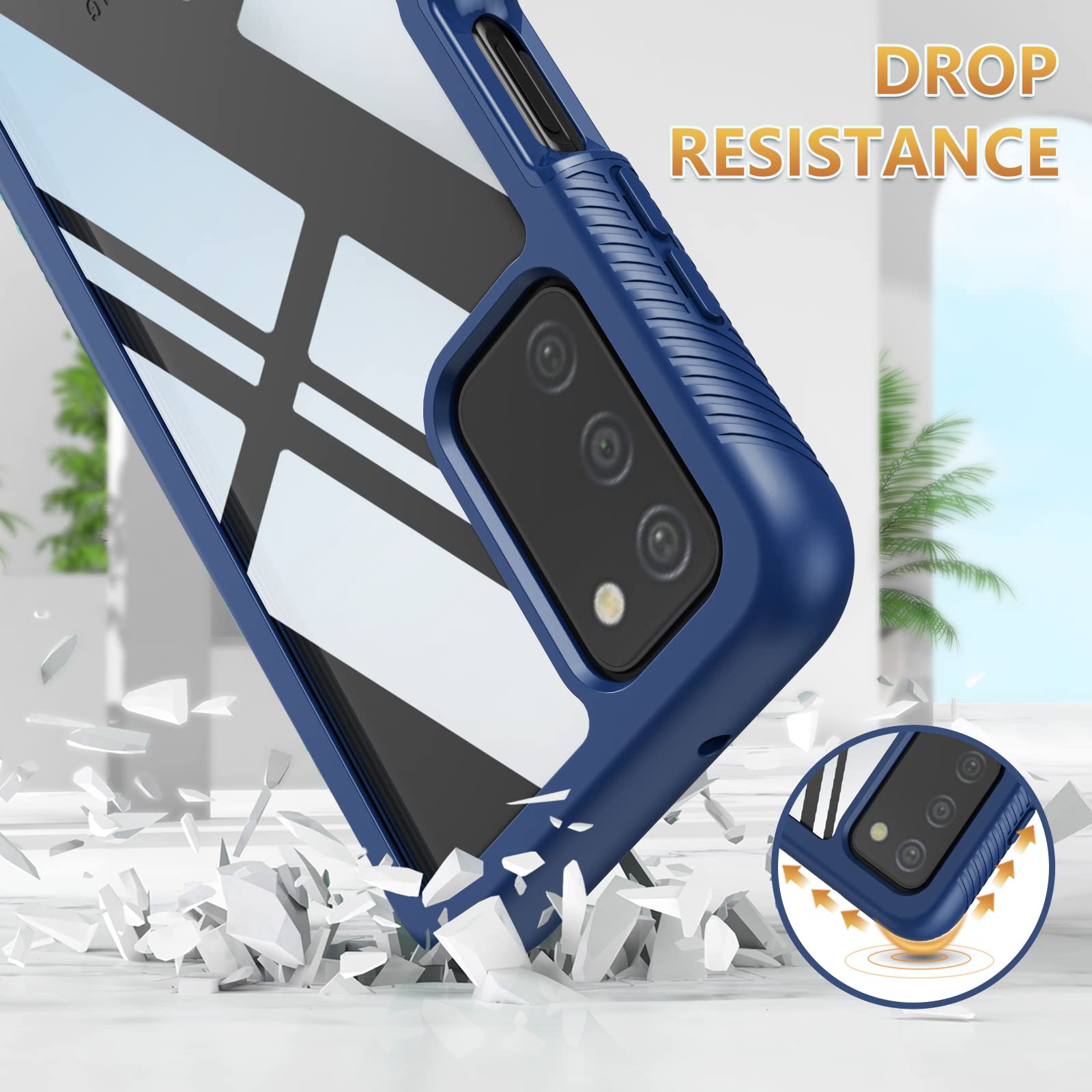 JXVM for Samsung Galaxy A03s Phone Case: Full Protection Shockproof Rugged Phone Cover with Built-in Screen Protector - Clear Back Phone Cases Design for Galaxy A03s (Dark Blue)