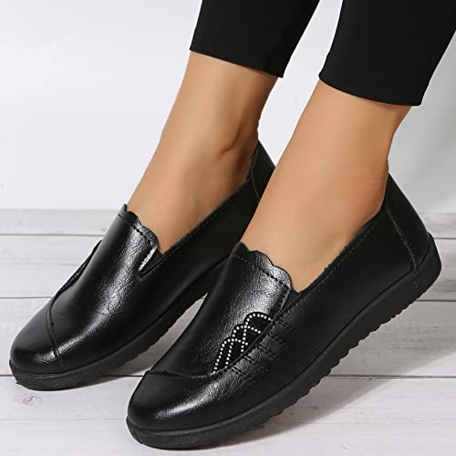 Ladies Fashion Solid Color Leather Rhinestone Flat Sole Comfortable Casual Shoes 10 Rain Boot Black
