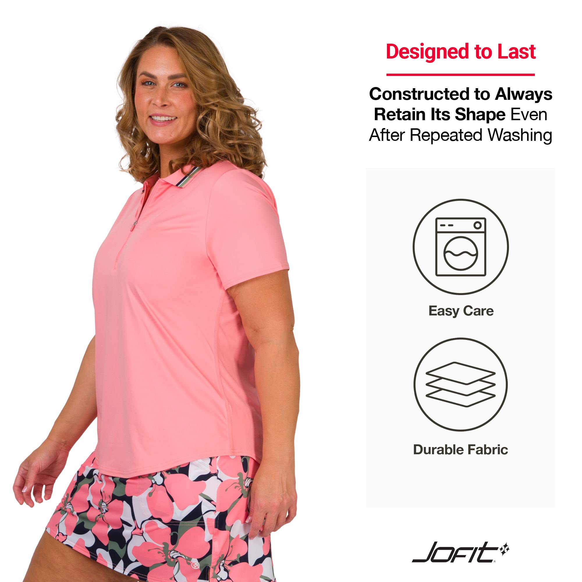 Jofit Apparel Women's Athletic Clothing Polo with Rib Collar for Golf & Tennis, Size Medium, Flamingo Pink