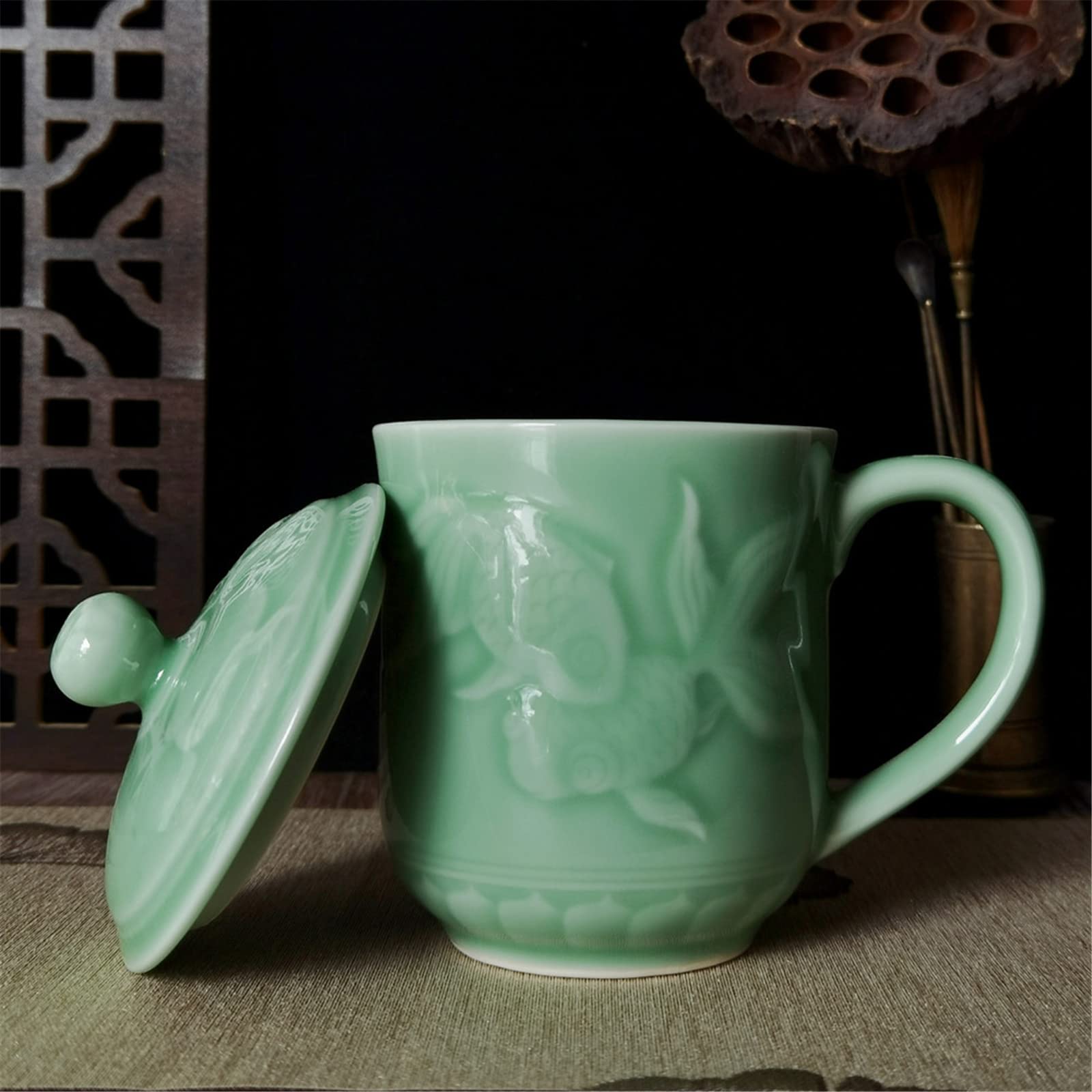 Handmade Celadon Coffee Mug Tea cup with Lid 13oz Porcelain Milk Cup Embossed with Goldfish Ceramic Microwave and Dishwasher Safe (Green)