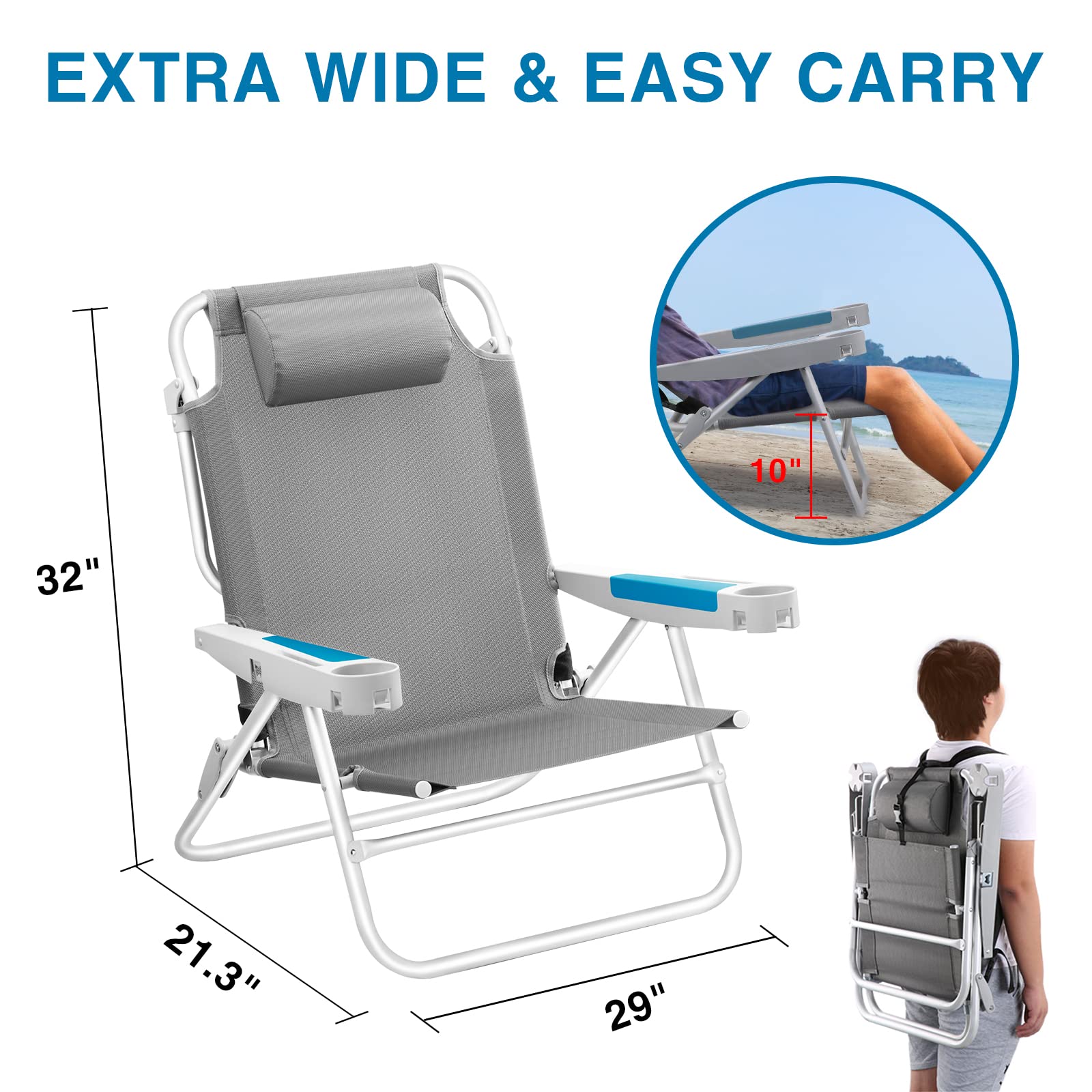 ICECO Beach Chairs for Adults 2 Pack, XL 5 Position Backpack Beach Chair Heavy Duty, Low Beach Folding Chairs, Portable Chairs with Cup Holder Backpack Strap for Beach Outdoor Camping 350lb Capacity